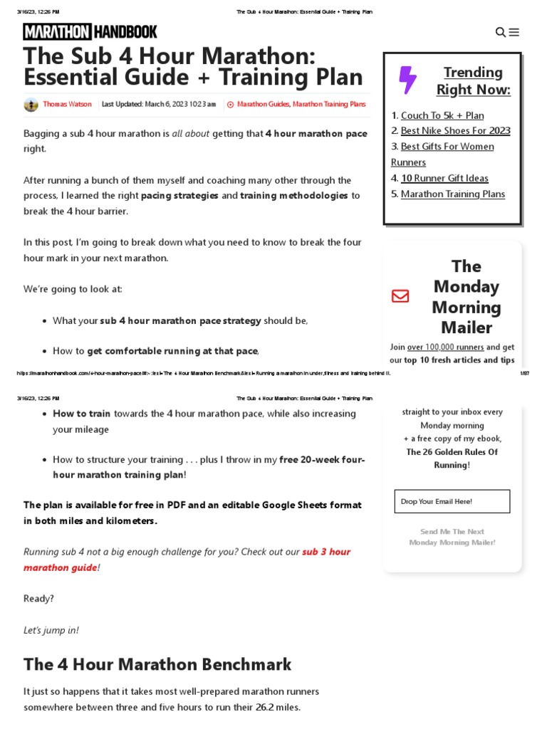 The Sub 4 Hour Marathon - Essential Guide + Training Plan | PDF ...