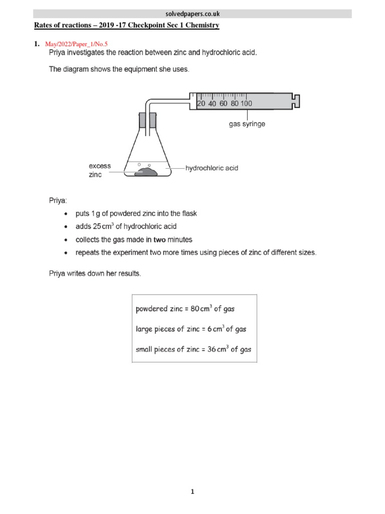2022 17 Rates of Reactions Checkpoint - Sec - 1 Chemistry | PDF