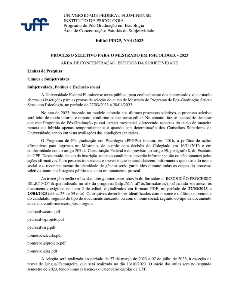 EDITAL-PPGP-N_1_2023_MESTRADO | PDF | Pós-graduação | Mestrado