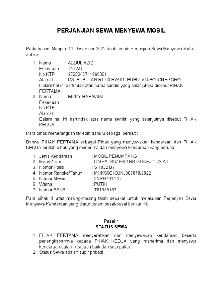 Surat Perjanjian Sewa Mobil Pdf