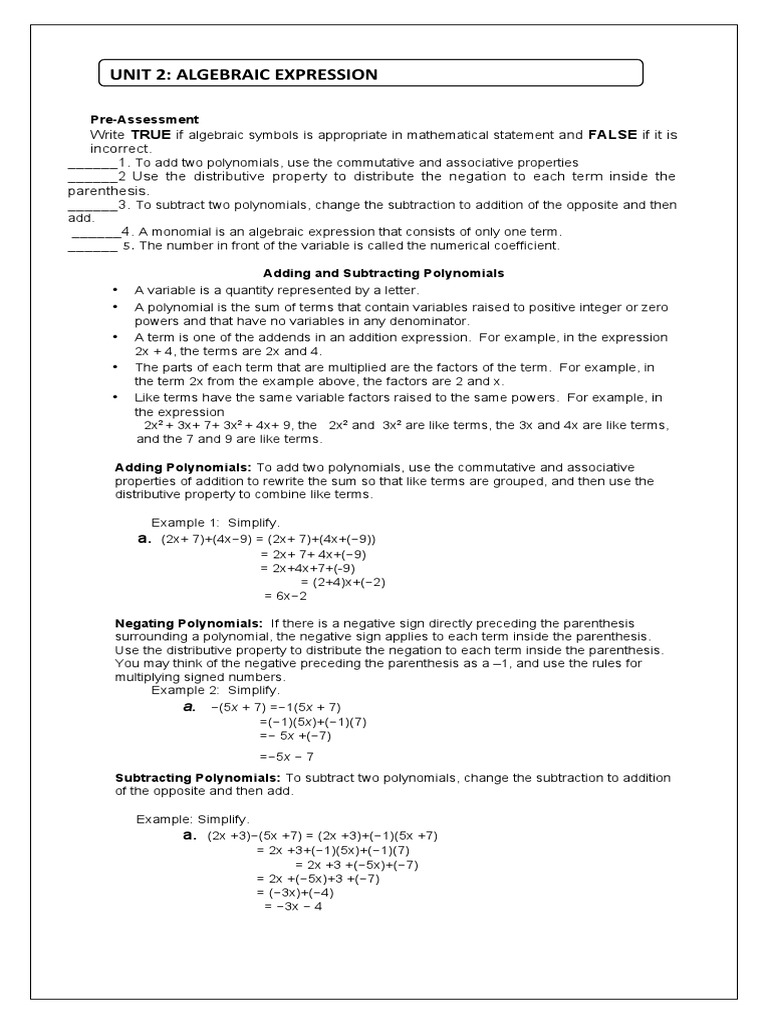 Unit 2: Algebraic Expression | PDF | Polynomial | Factorization