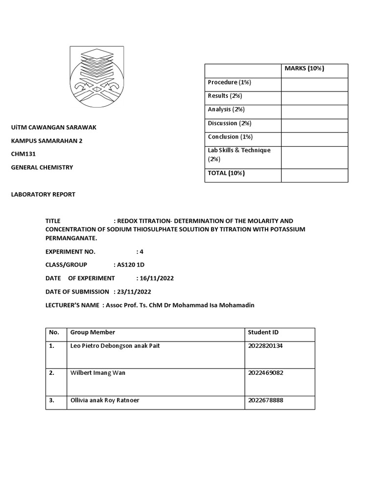 CHM 131 Redox Lab Reports | PDF | Titration | Chemistry