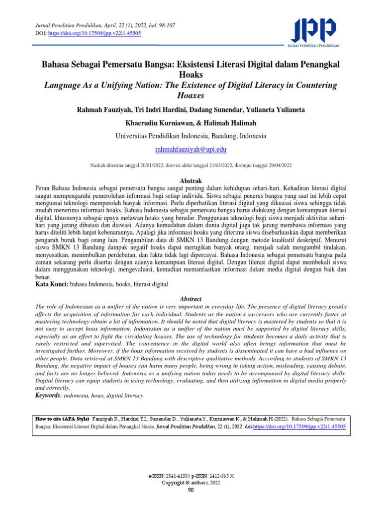 Bahasa Sebagai Pemersatu Bangsa: Eksistensi Literasi Digital Dalam Penangkal Hoaks | PDF | Ilmu ...