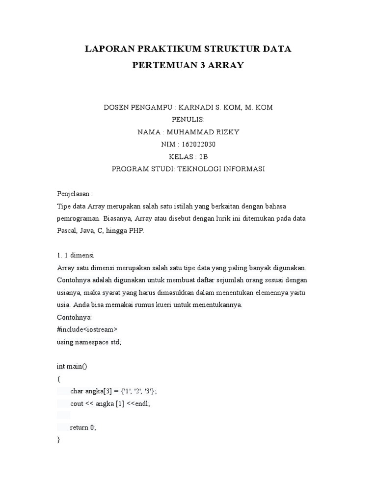 Laporan Praktikum Struktur Data Pertemuan 3 Array | PDF