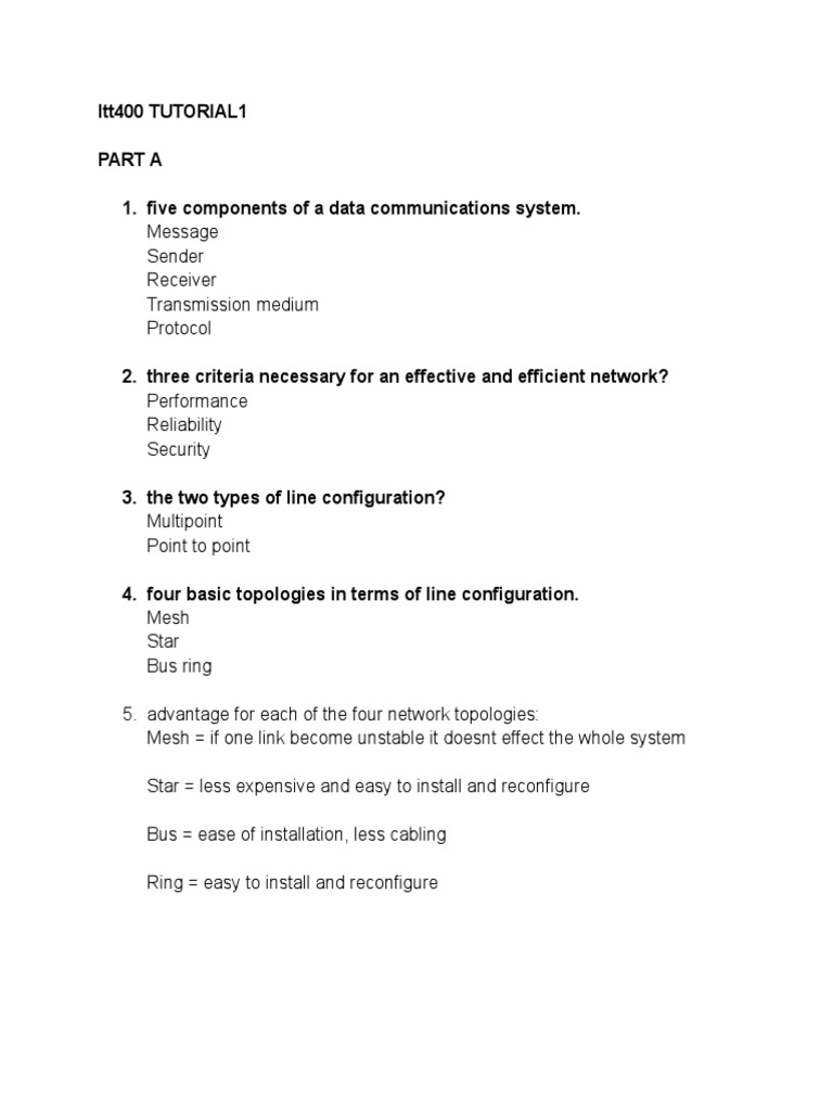 Itt400 TUTORIAL1 Part A 1. Five Components of A Data Communications System | PDF | Network ...