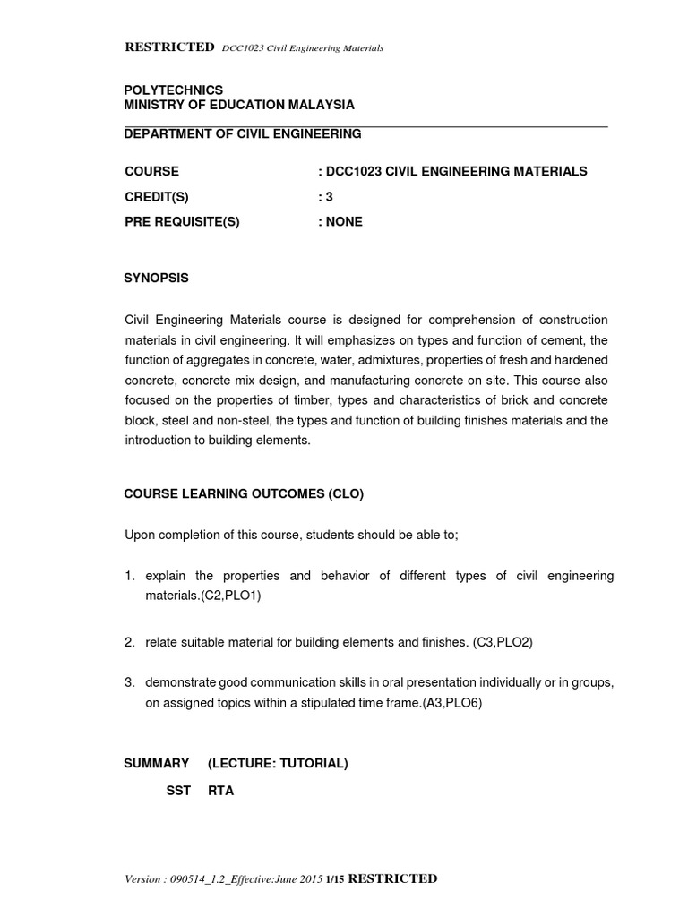 DCC1023 Civil Engineering Materials | PDF | Concrete | Brick