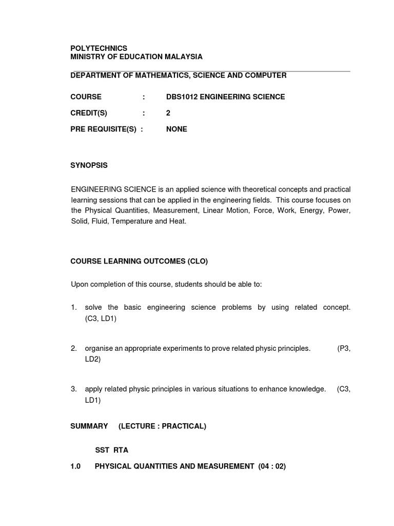 DBS1012 Engineering Science | PDF | Force | Heat