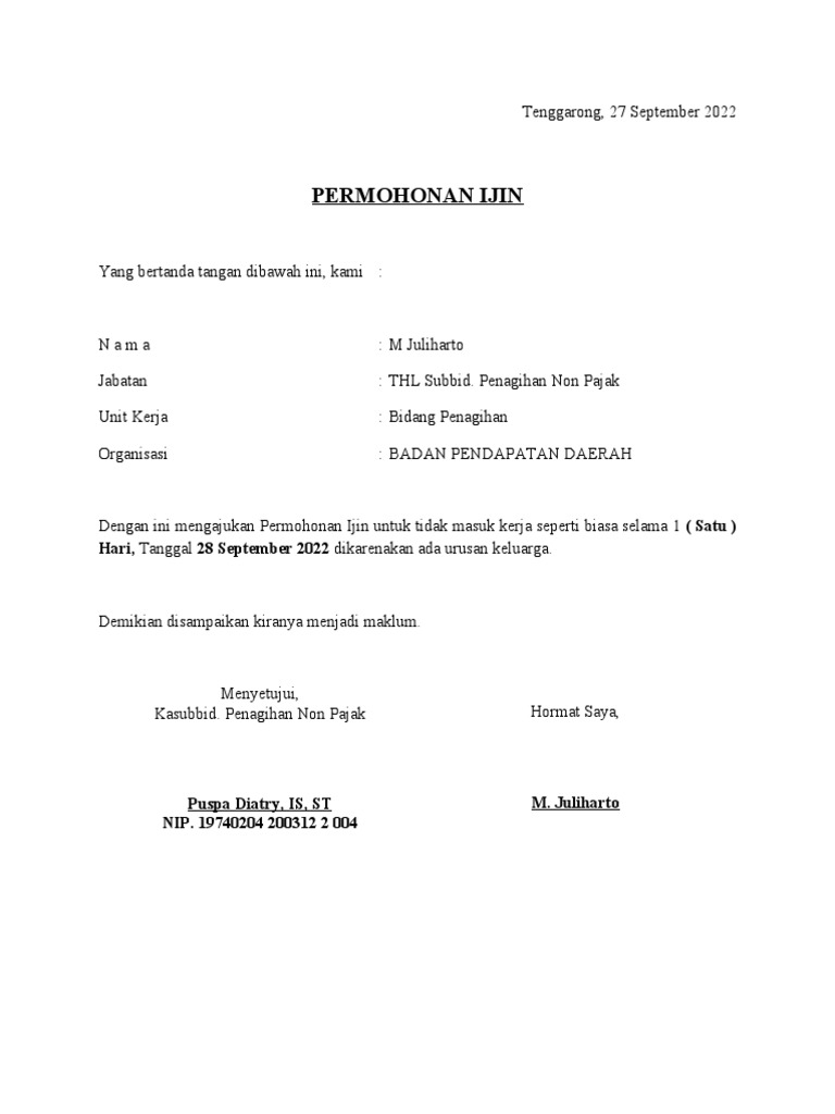 Permohonan Izin Tidak Masuk Kerja | PDF