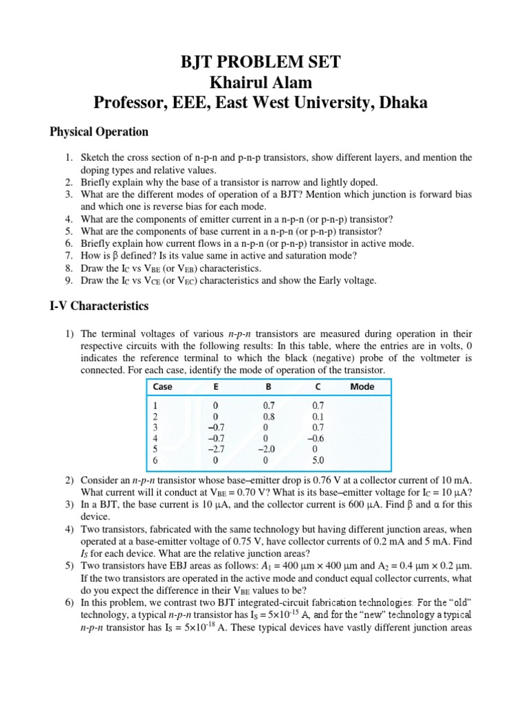Problems_BJT_operation_and_IV | PDF | Bipolar Junction Transistor ...