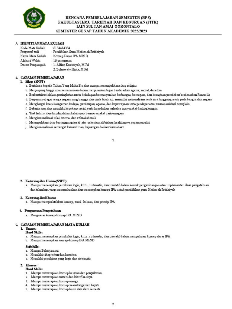 Konsep Dasar IPA MI/SD RPS FITK | PDF | Karier & Perkembangan | Seni