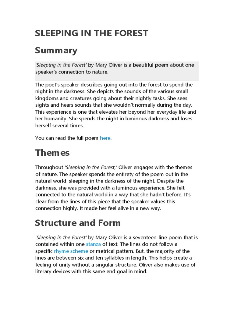 Sleeping in The Forest | PDF | Poetry