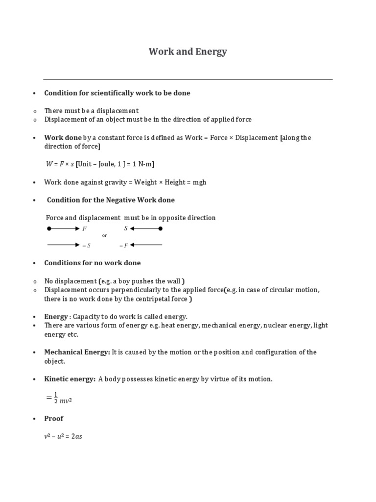 Work and Energy: W F × S (Unit - Joule, 1 J 1 N-M) | PDF