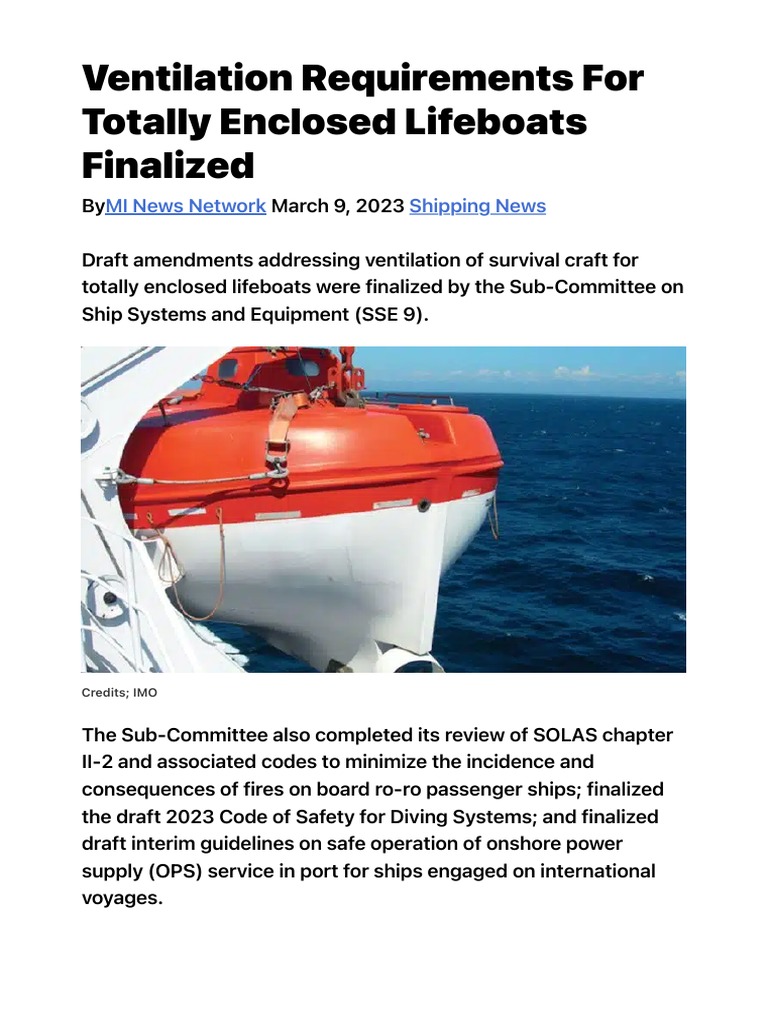 Ventilation Requirements For Totally Enclosed Lifeboats Finalized | PDF