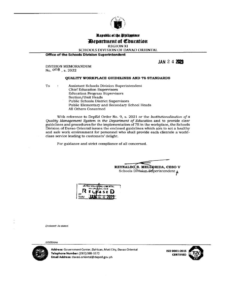 DM 09 S. 2022 Quality Workplace Guidelines and 7S Standards | PDF