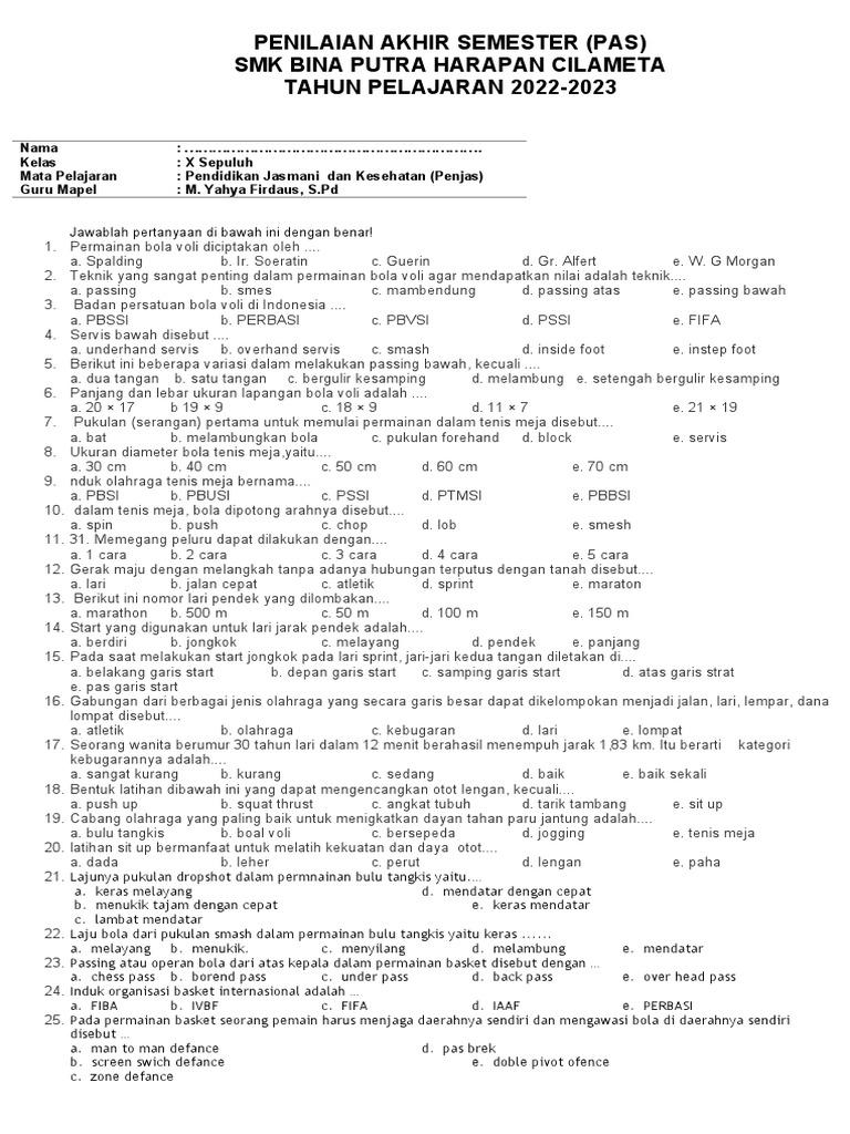 Soal Penjas SMK Kelas 10 | PDF | Olahraga & Rekreasi