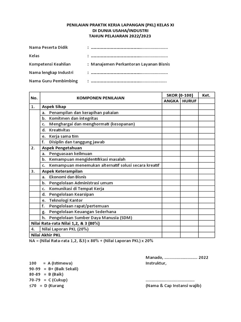 Format Nilai PKL DR Dudi | PDF