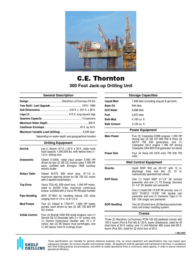 C.E. Thornton Jack-up Rig Specifications | PDF | Horsepower | Oil Well