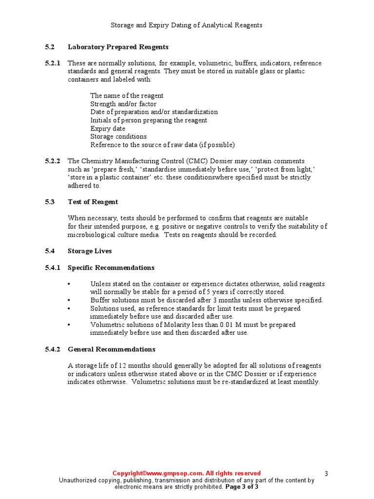 LAB MANUAL 009 Storage and Expiry Dating of Analytical Reagents Sample ...