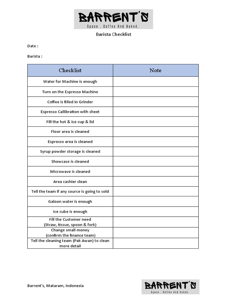 Barista Daily Checklist for Operations | PDF