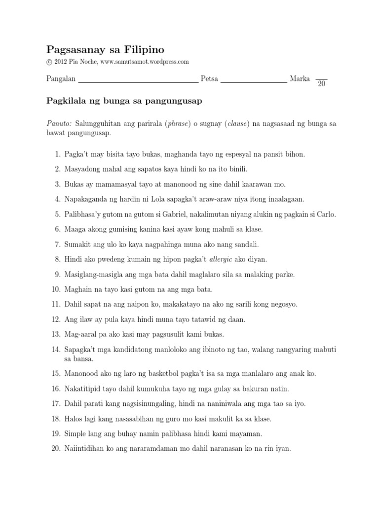 Pagkilala NG Bunga Sa Pangungusap - 1 1 | PDF