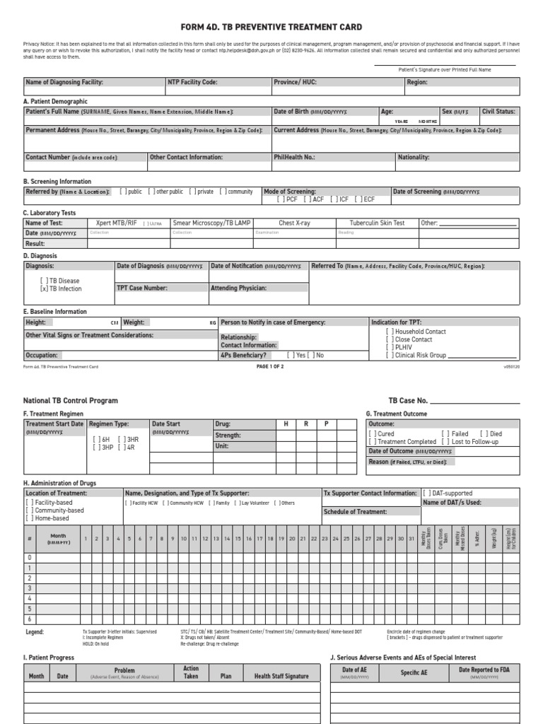 TB Preventive Treatment Card Form 4D | PDF | Tuberculosis | Health Sciences