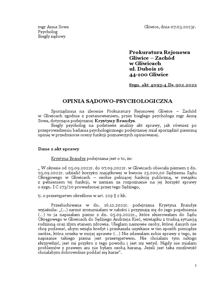 Opinia Sądowo-Psychologiczna: Prokuratura Rejonowa Gliwice - Zachód W Gliwicach Ul. Dubois 16 44 ...