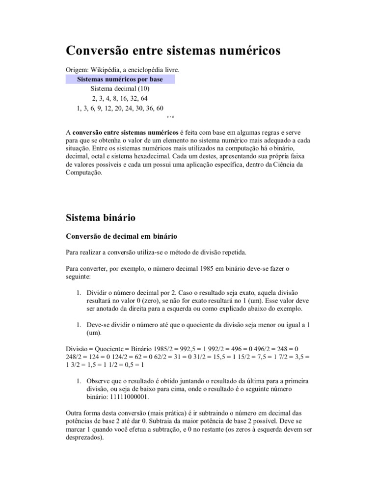 Conversão Entre Sistemas Numéricos | PDF | Decimal | Aritmética
