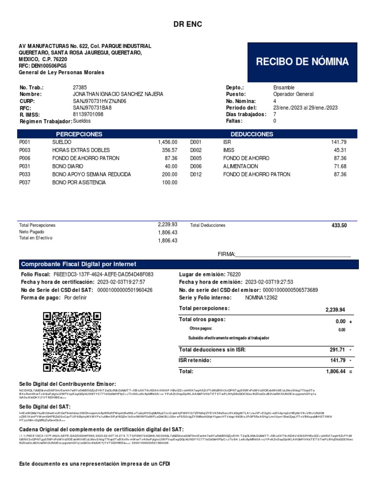 Recibo de Nómina: DR Enc | PDF