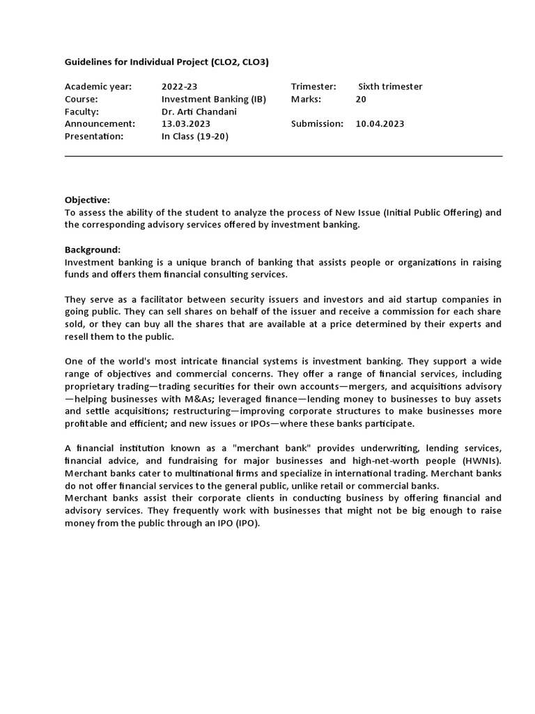 Investment Banking (2022-23) Guidelines - Individual Project | PDF | Investment Banking ...