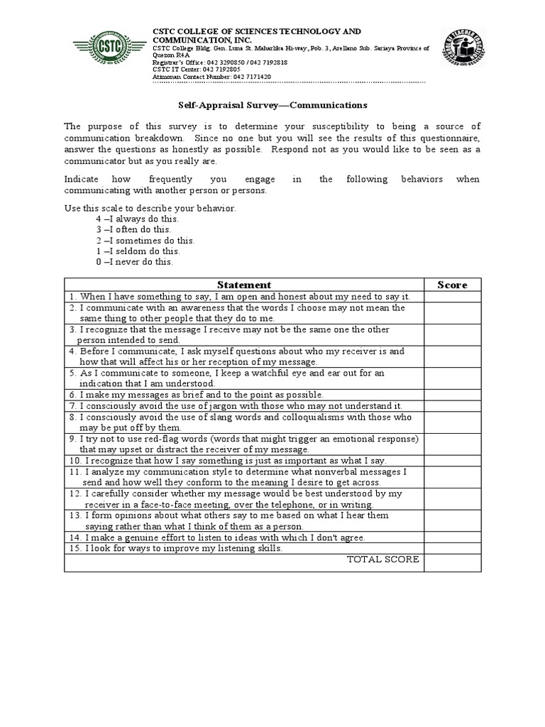 Self-Appraisal Survey - Communication | PDF | Communication | Social ...