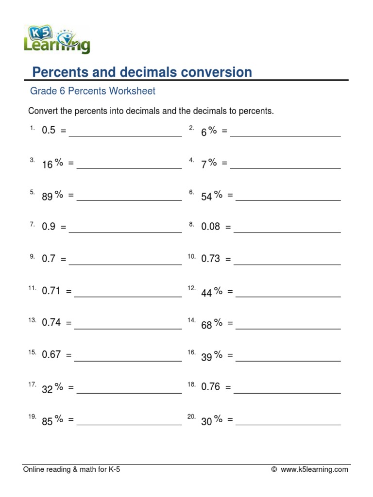 Grade 6 Decimals To Percents Vice Versa B | PDF
