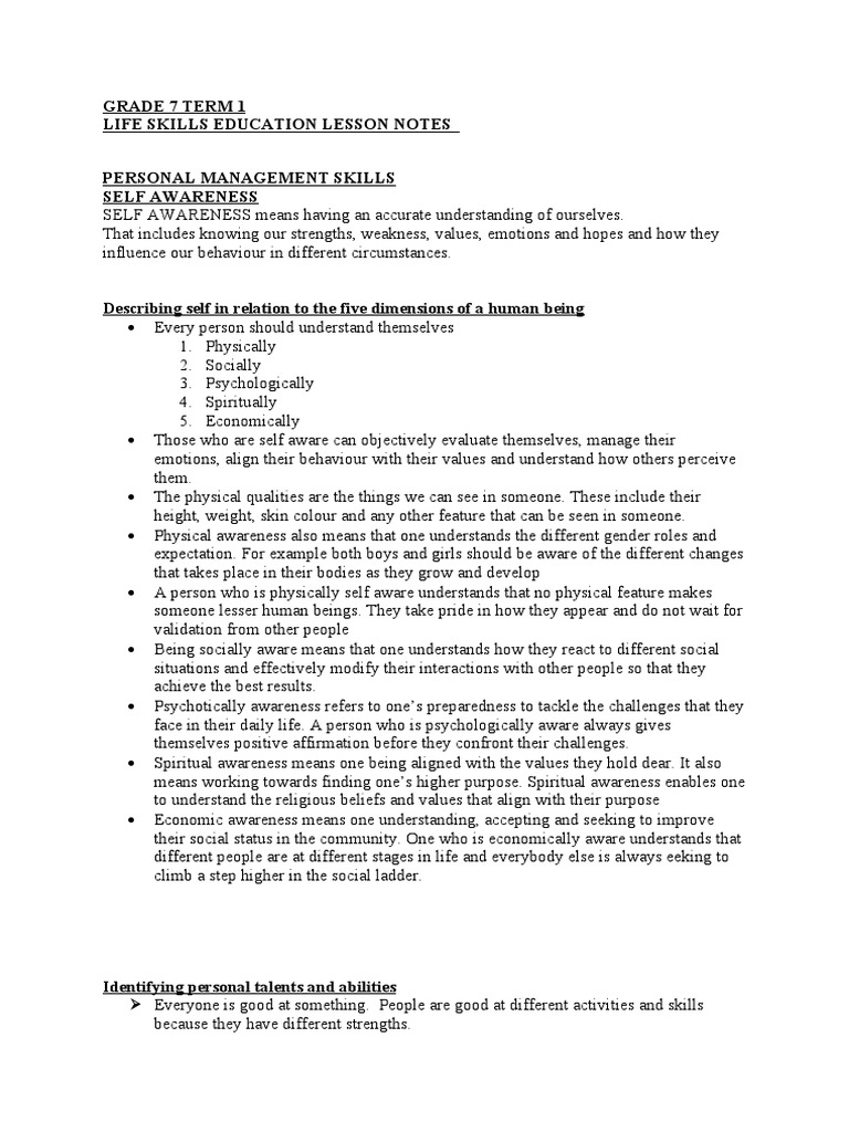 Life Skills Grade 7 Notes | PDF | Emotions | Self Esteem