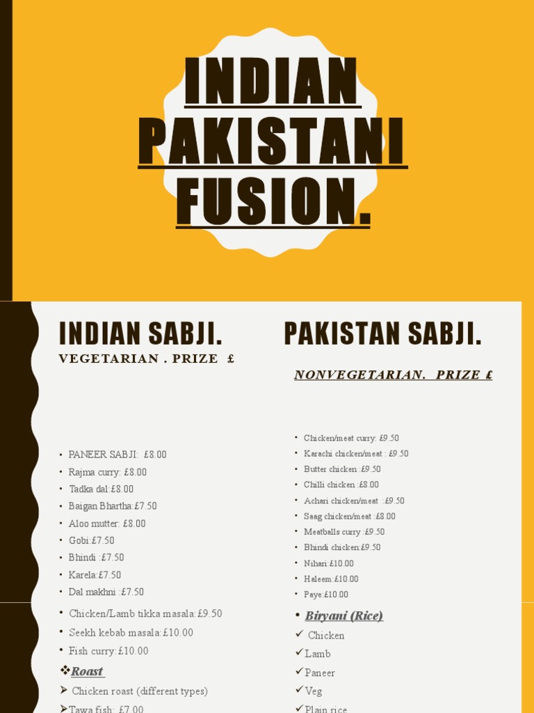 Indian-Pakistani Fusion Menu Options | PDF
