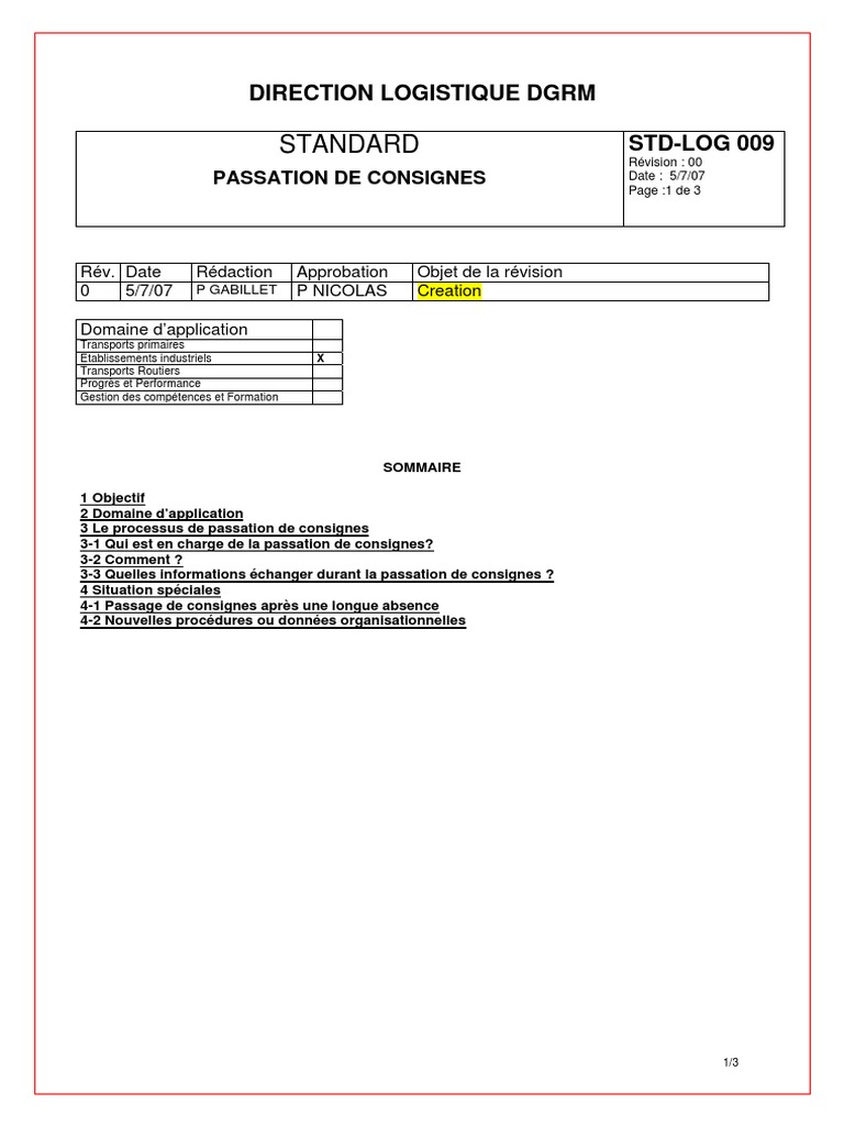 Standard Log 009 - 00 - Passation de Consignes | PDF | Finance et ...