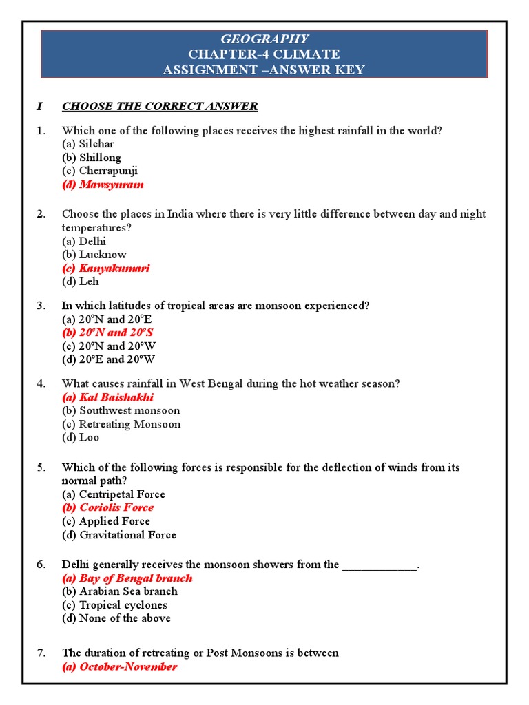 ANSWER KEY GEO Assignment CH-4 CLIMATE | PDF | Monsoon | Jet Stream