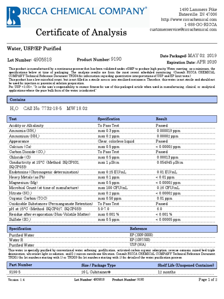 Pure Water Spec | PDF | Purified Water | Water Purification