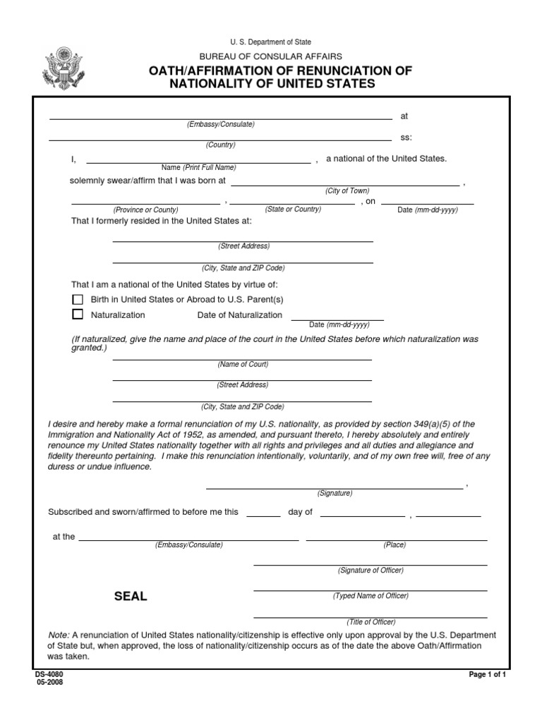 Oath of Renunciation of U.S. Nationality | PDF