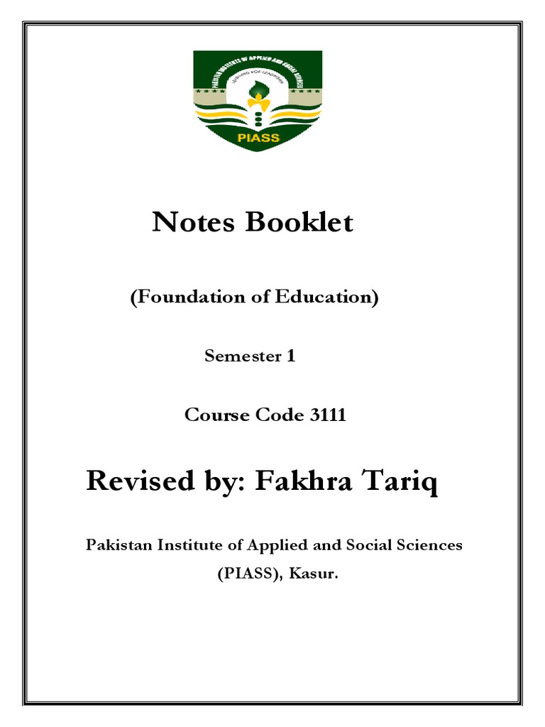 Notes Booklet: (Foundation of Education) | PDF | Philosophy Of ...