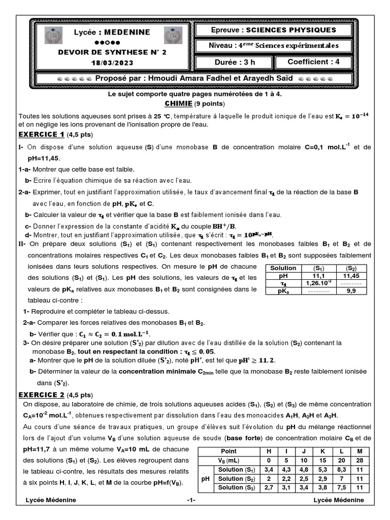 Devoir de Synthèse - 2-4è-Sc - Avec Correction 2023 | PDF | Vagues | Ph
