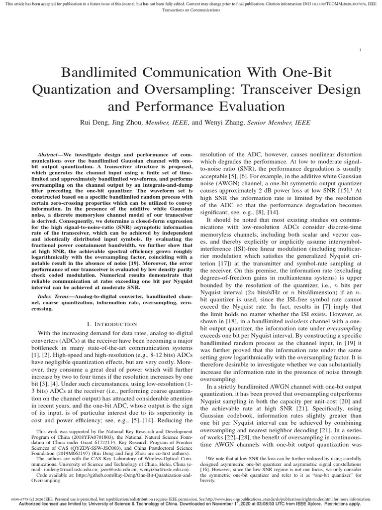 Bandlimited Communication With One-Bit Quantization and Oversampling: Transceiver Design and ...