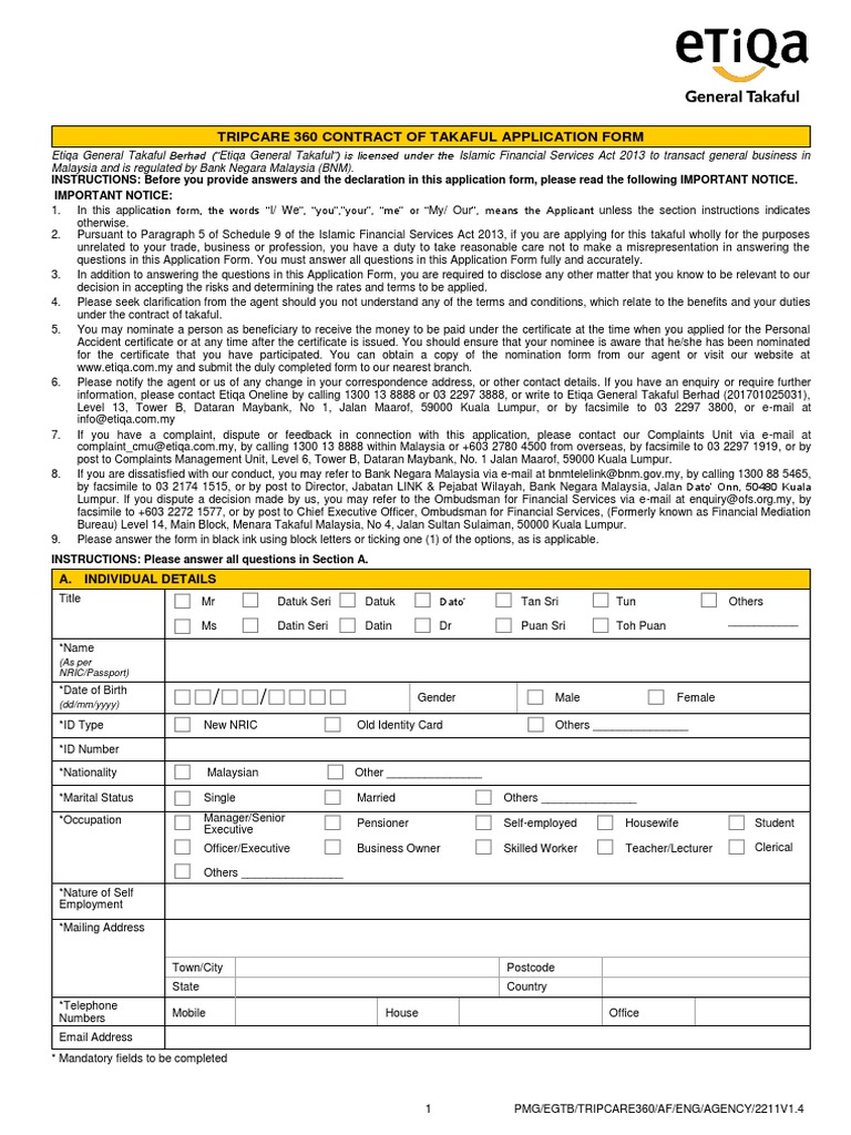 Application Form TRIP CARE 360 Takaful | PDF | Cheque | Credit Card