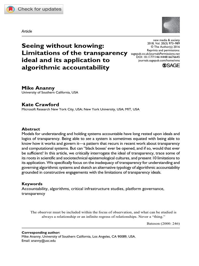 Seeing Without Knowing Limitations of The Transparency Ideal and Its Application To Algorithmic ...