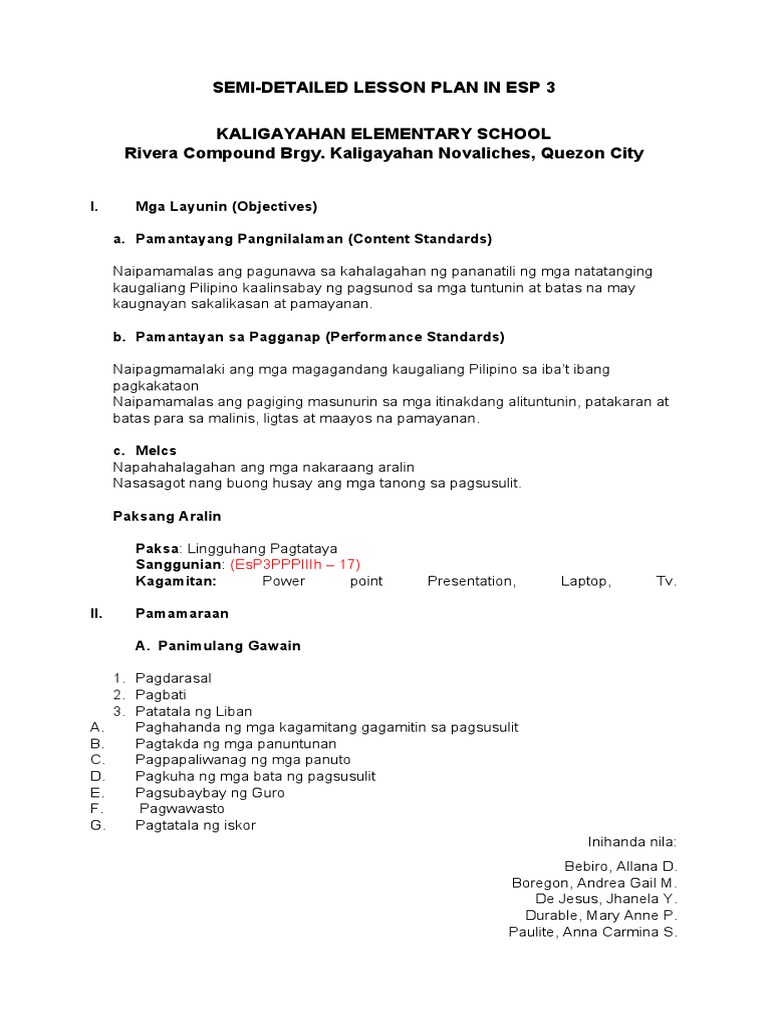 Semi Detailed Esp3 Day 5 | PDF