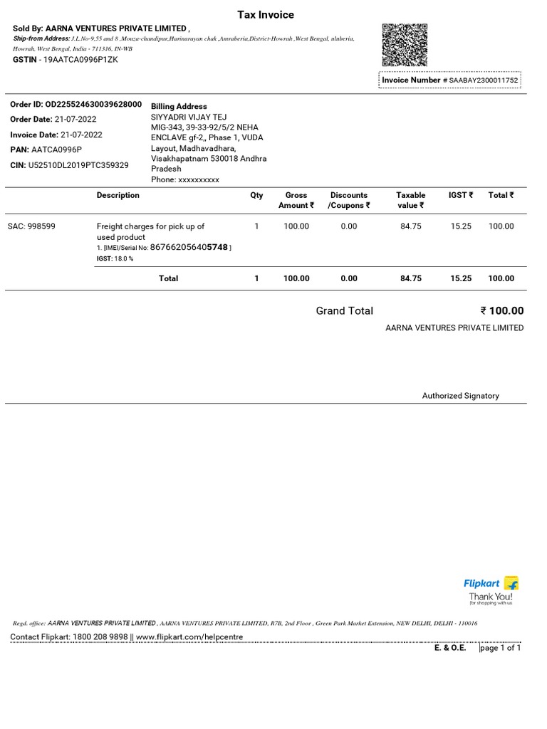 Grand Total 100.00: Howrah, West Bengal, India - 711316, IN-WB | PDF ...