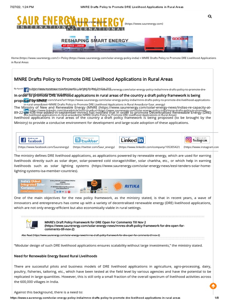 MNRE Drafts Policy To Promote DRE Livelihood Applications in Rural ...