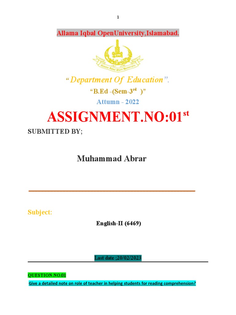 Assignment - No:01: Department of Education | PDF | Reading Comprehension | Vocabulary