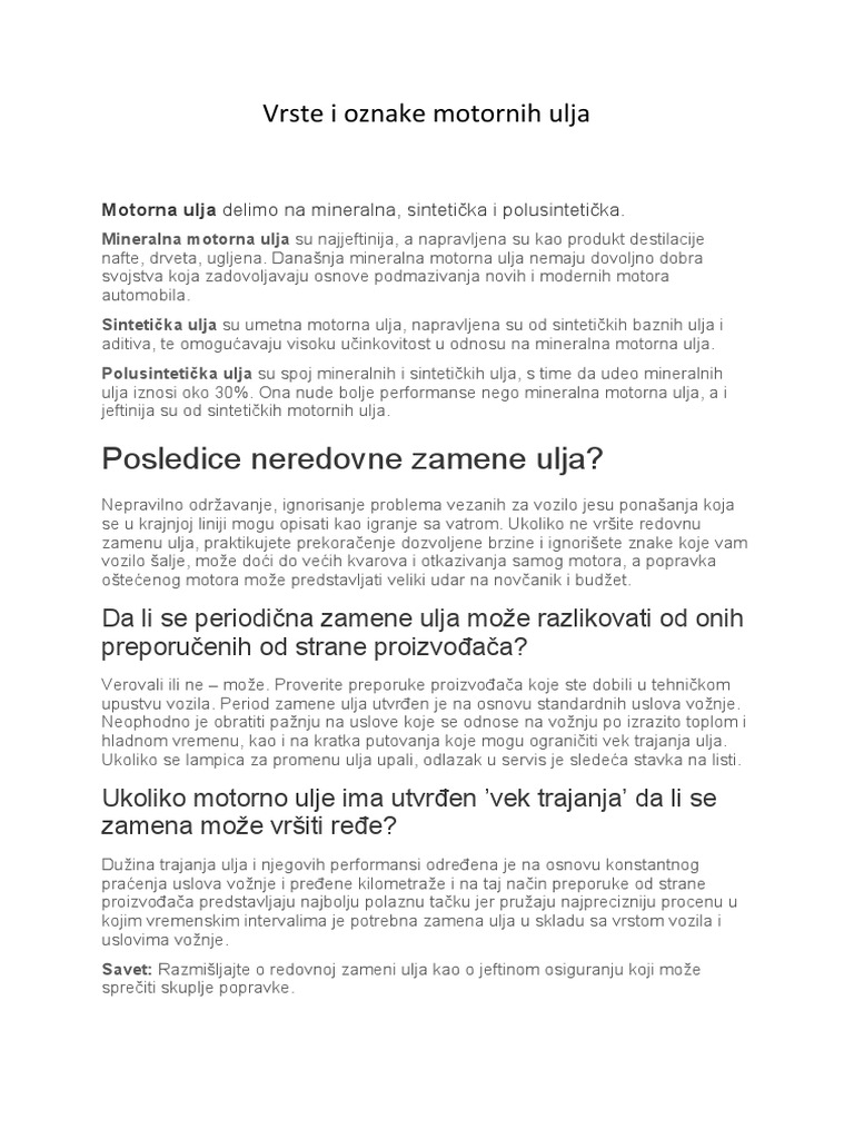 Vrste I Oznake Motornih Ulja | PDF