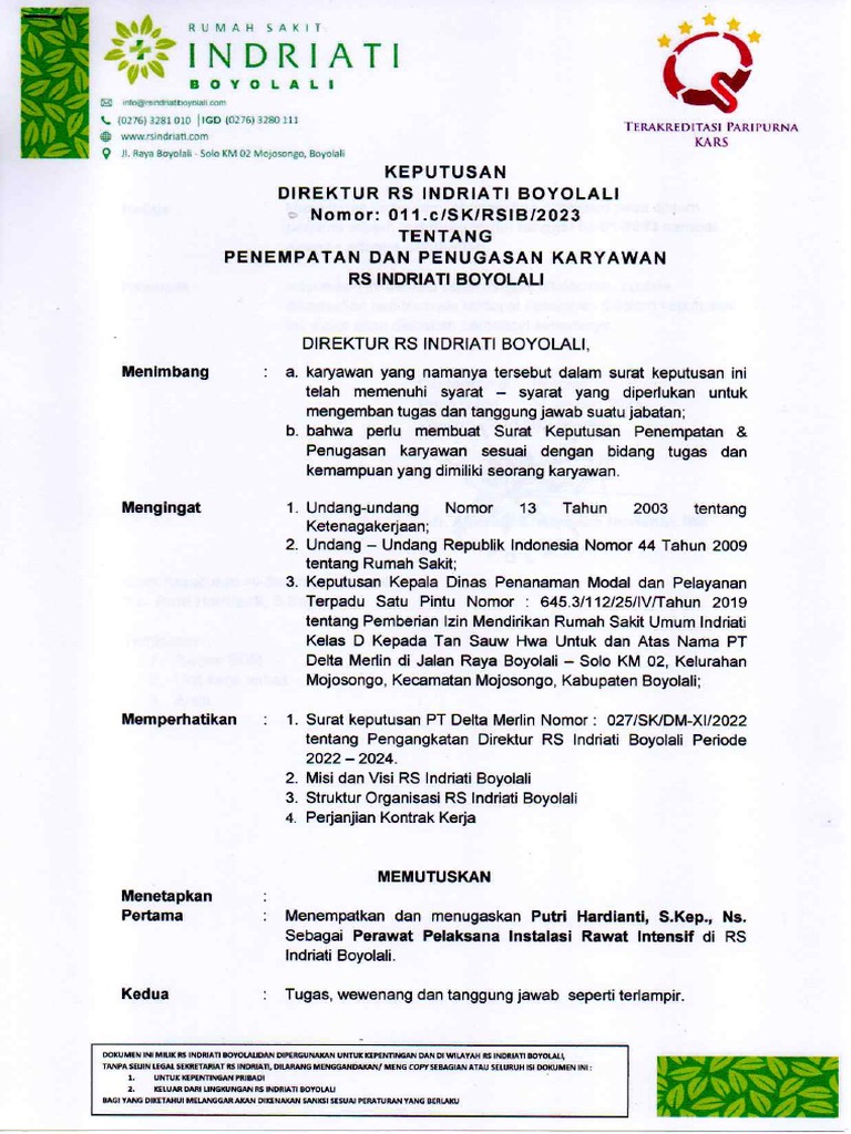 011.c. SK Penugasan-Putri Hardianti, S.Kep., Ns.-Inst. Rawat Intensif-04.01.2023 | PDF