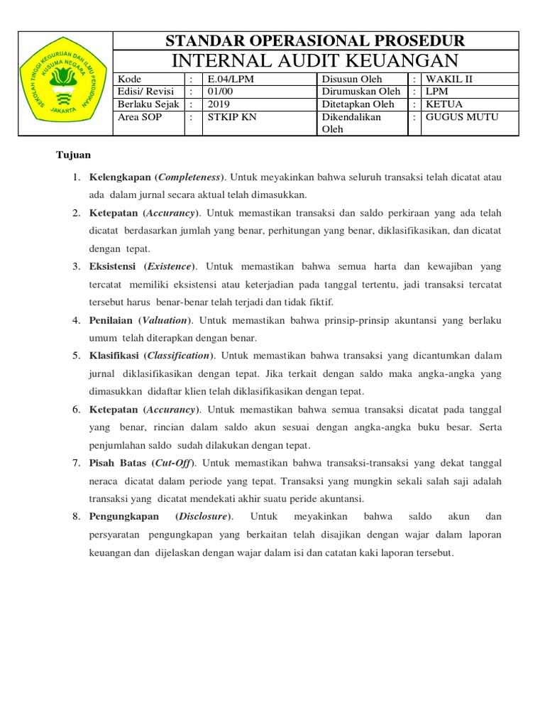 SOP Audit Internal Keuangan STKIP KN | PDF | Teknologi & Rekayasa
