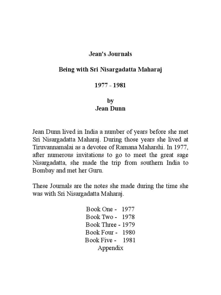 Jean Dunn - Jean's Journals - Being With Sri Nisargadatta Maharaj | PDF ...